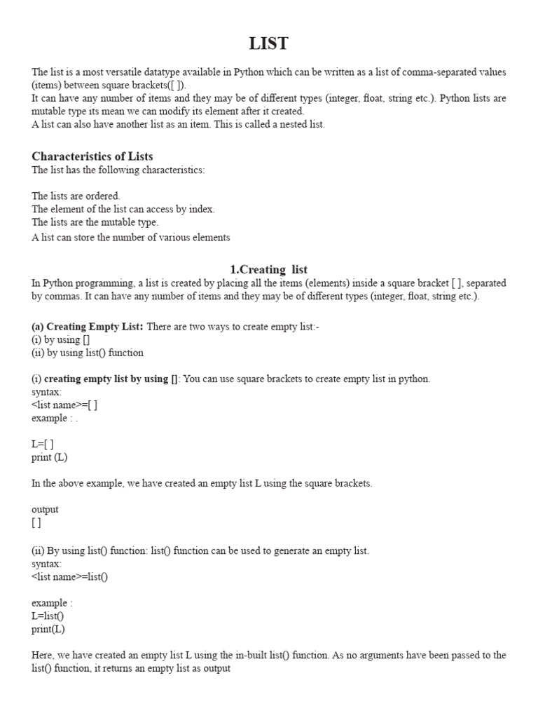 Characteristics of Lists: (A) Creating Empty List | PDF | Relational Database | Databases