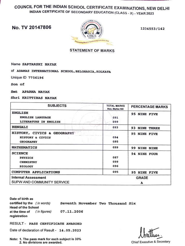 ICSE Class X Marksheet 2023 | PDF | Student Assessment And Evaluation ...