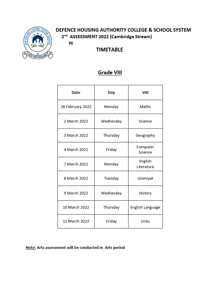 Grade VIII Assessment Timetable 2022 | PDF