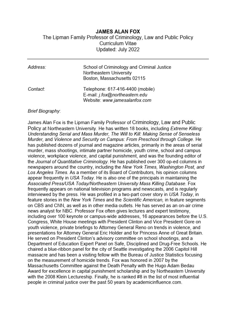 James Alan Fox Resume July 2022 | PDF | Criminology | Crimes