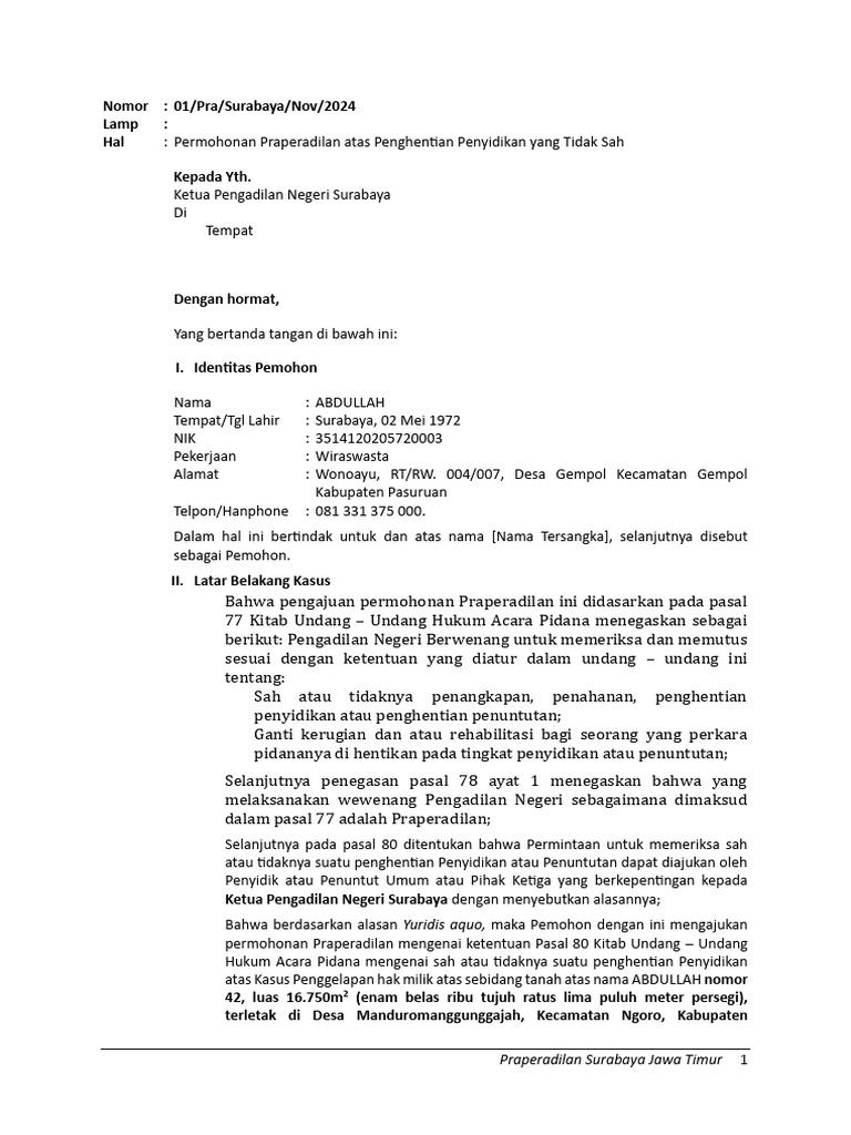 Pra Peradilan Abdullah Surabaya 1-2 | PDF