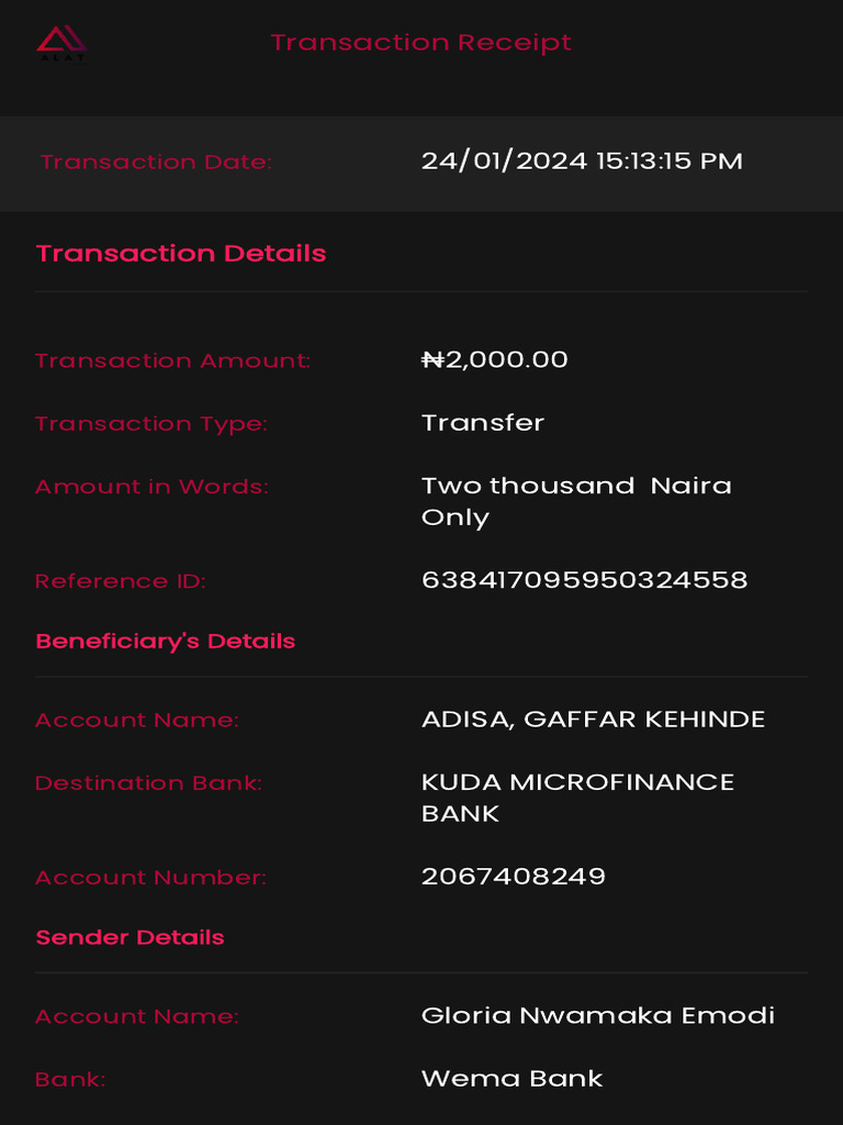 ALAT Transfer Receipt - ADISA, GAFFAR KEHINDE - 2067408249 - 2,000.00 ...