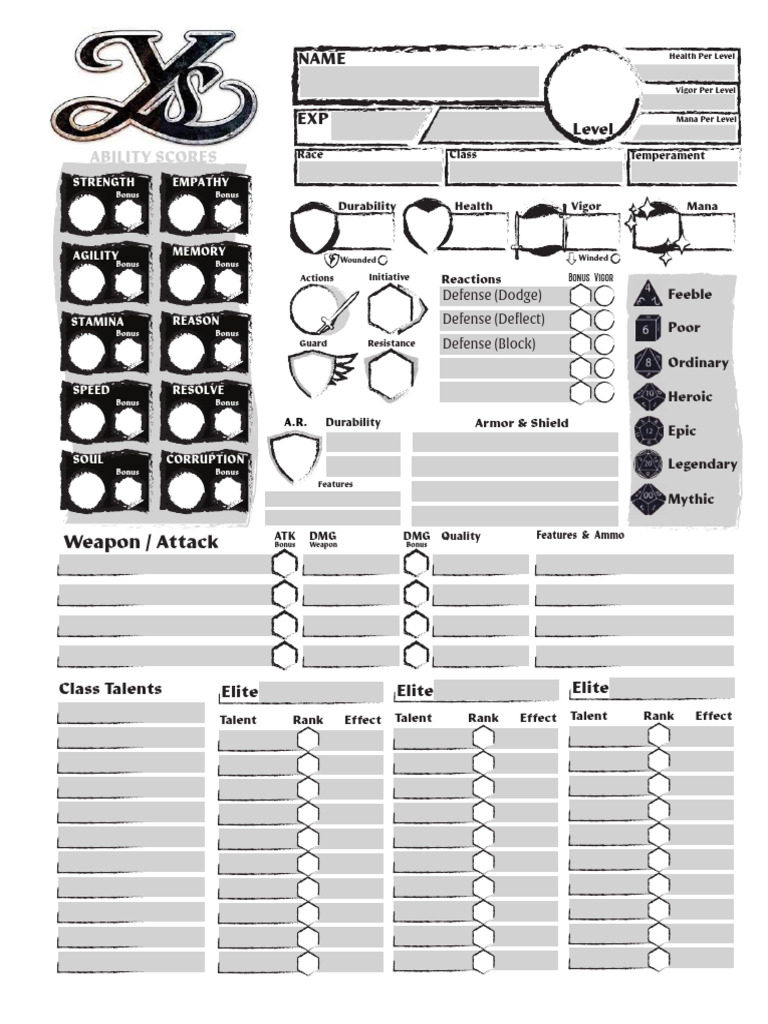 Ys Age of Heroes - Character Sheet | PDF