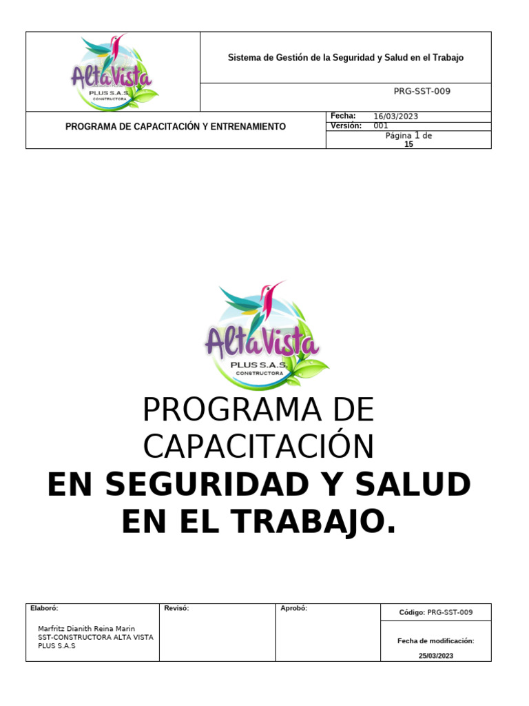 Programa de Capacitación SST Constructora Alta Vista Plus S.A.S | PDF ...