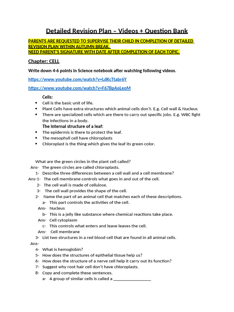 Detailed Revision Plan: Cells & States of Matter | PDF | Cell (Biology ...