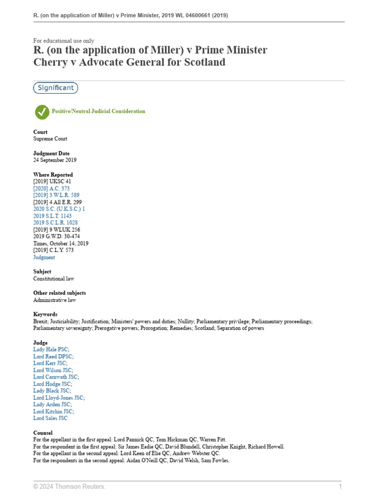 R (On The Application of Miller) V Prime Minister | PDF | Parliament Of ...
