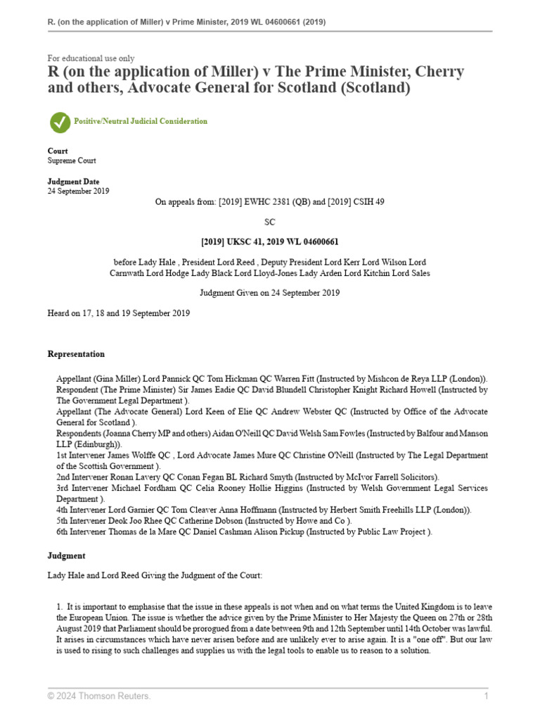 Miller v Prime Minister: Prorogation Case | PDF | Parliament Of The ...