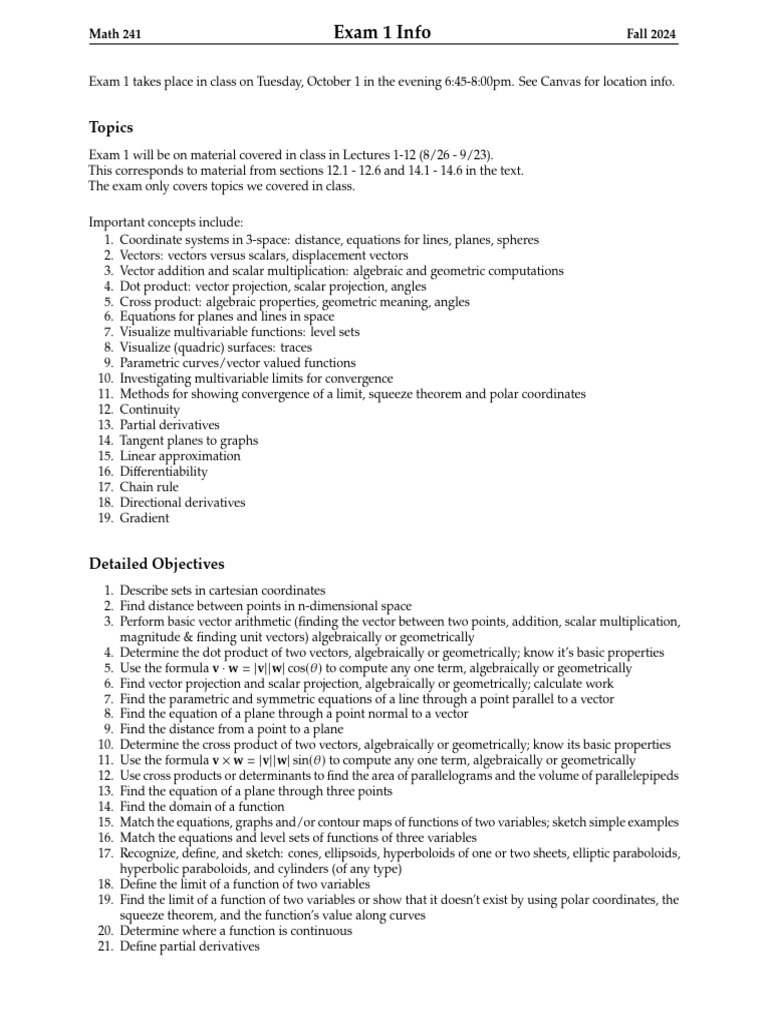 MATH 241 Midterm 1 Info Sheet | PDF | Gradient | Derivative
