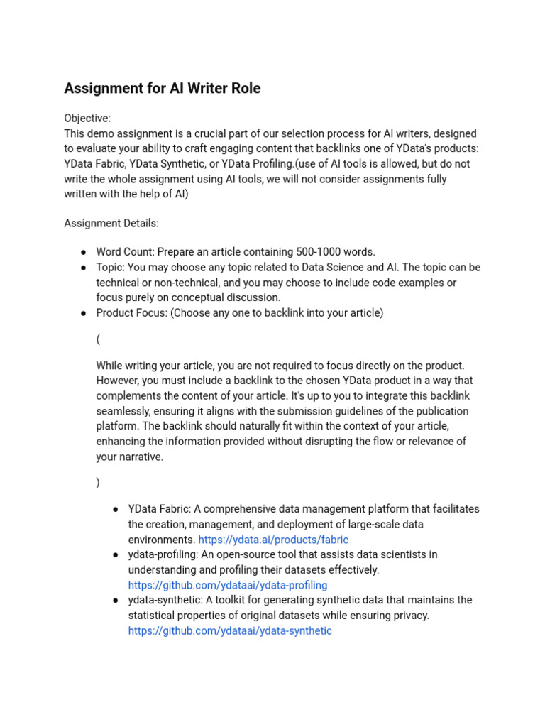 AI Writer Assignment for YData Products | PDF | Artificial Intelligence ...