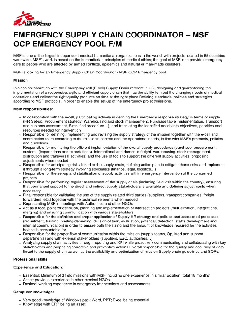 Emergency Supply Chain Coordinator MSF Ocp Emergency Pool F-M | PDF | Supply Chain | Médecins ...
