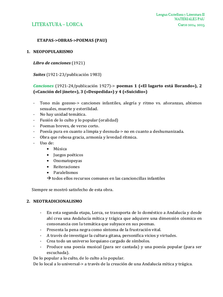Lorca Trayectoria Poeì Tica Etapas 2024-25 | PDF | Federico García Lorca | Poesía