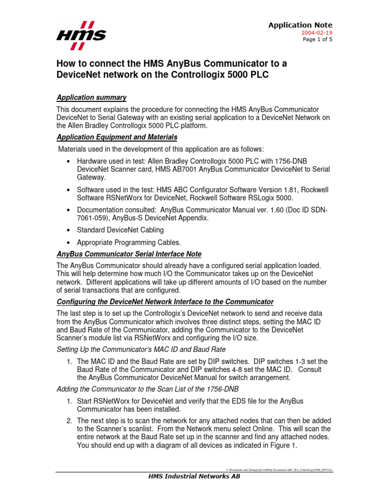 Anybus Communicator - DeviceNet Controllogix5000 | PDF | Image Scanner | Input/Output