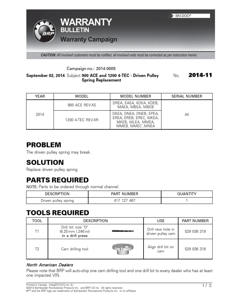 Ski Doo 1200 Secondary Spring Bulletin | PDF | Screw | Manufactured Goods