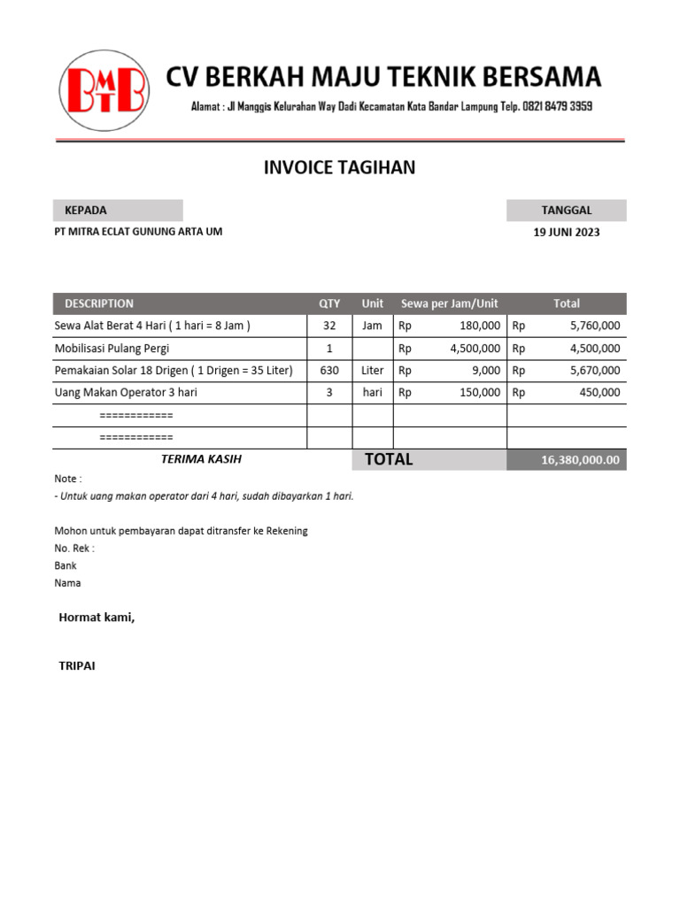 Invoice BMTB - PT MITRA | PDF