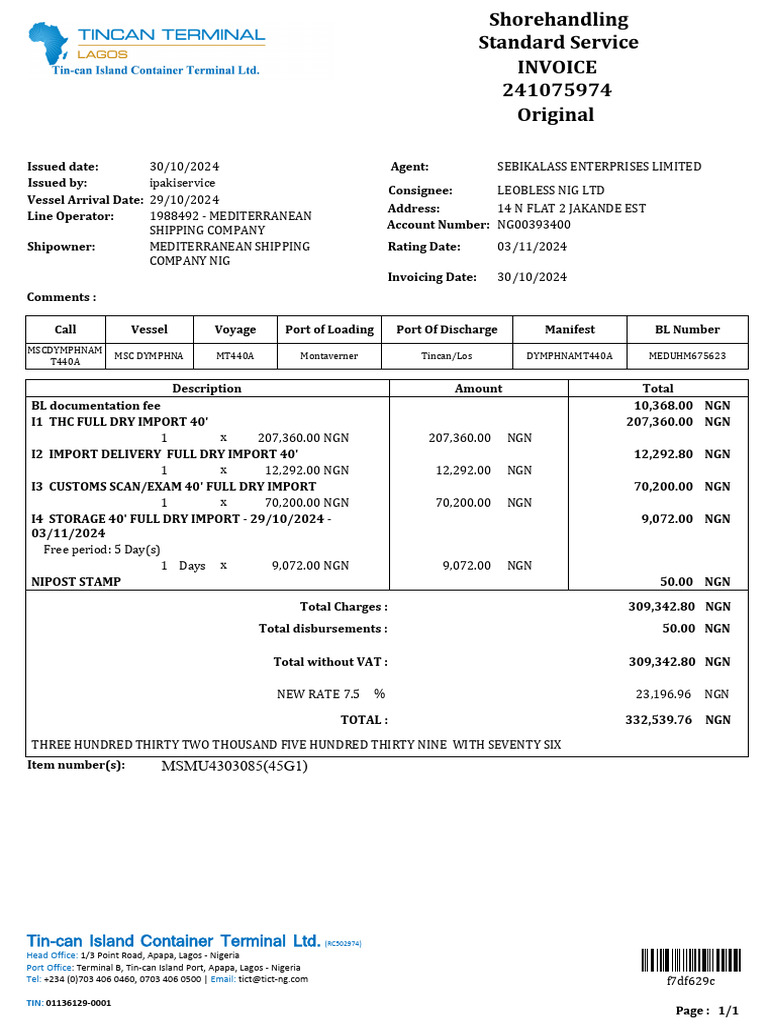 Invoice 3242750 | PDF | Water Transport | Freight Transport