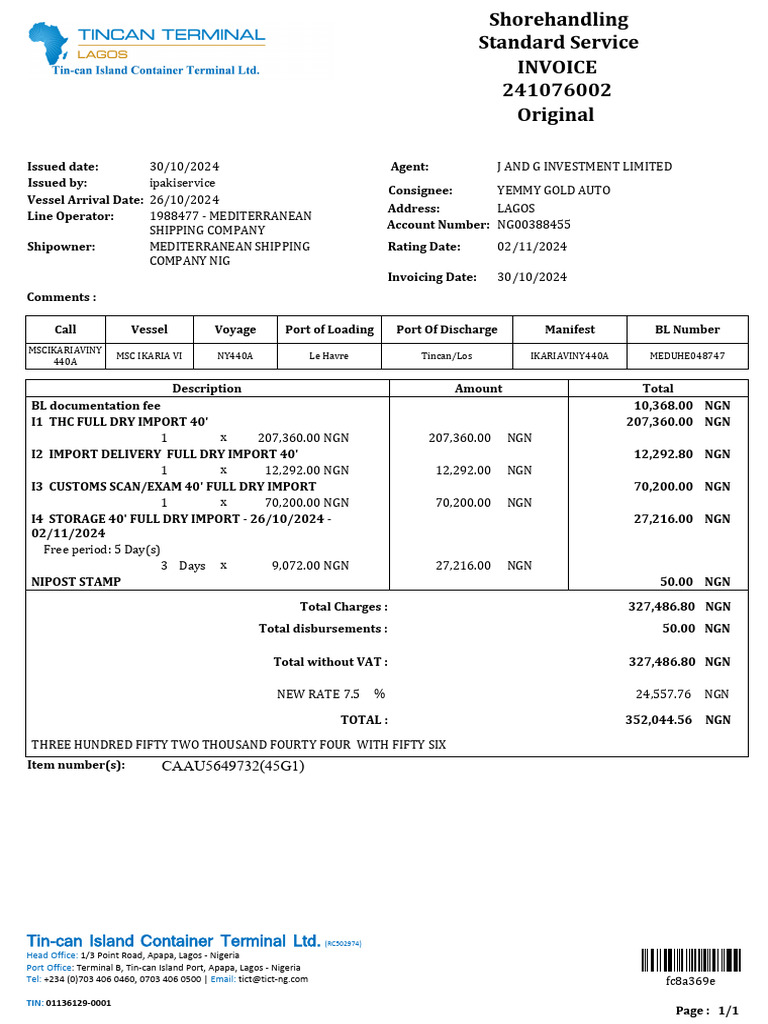 Invoice for Shipping Services | PDF | Freight Transport | Water Transport