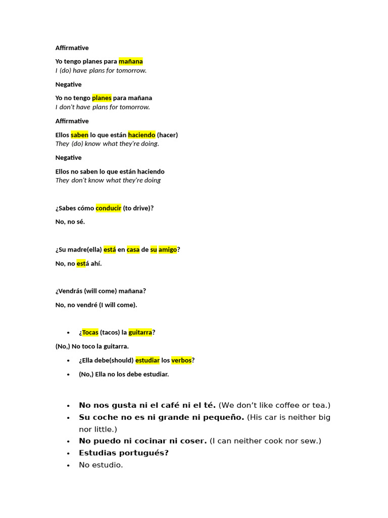 Negative Sentences in Spanish | PDF