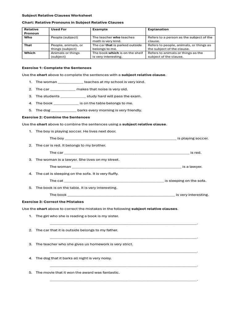 Subject Relative Clauses Worksheet | PDF | Subject (Grammar) | Linguistics