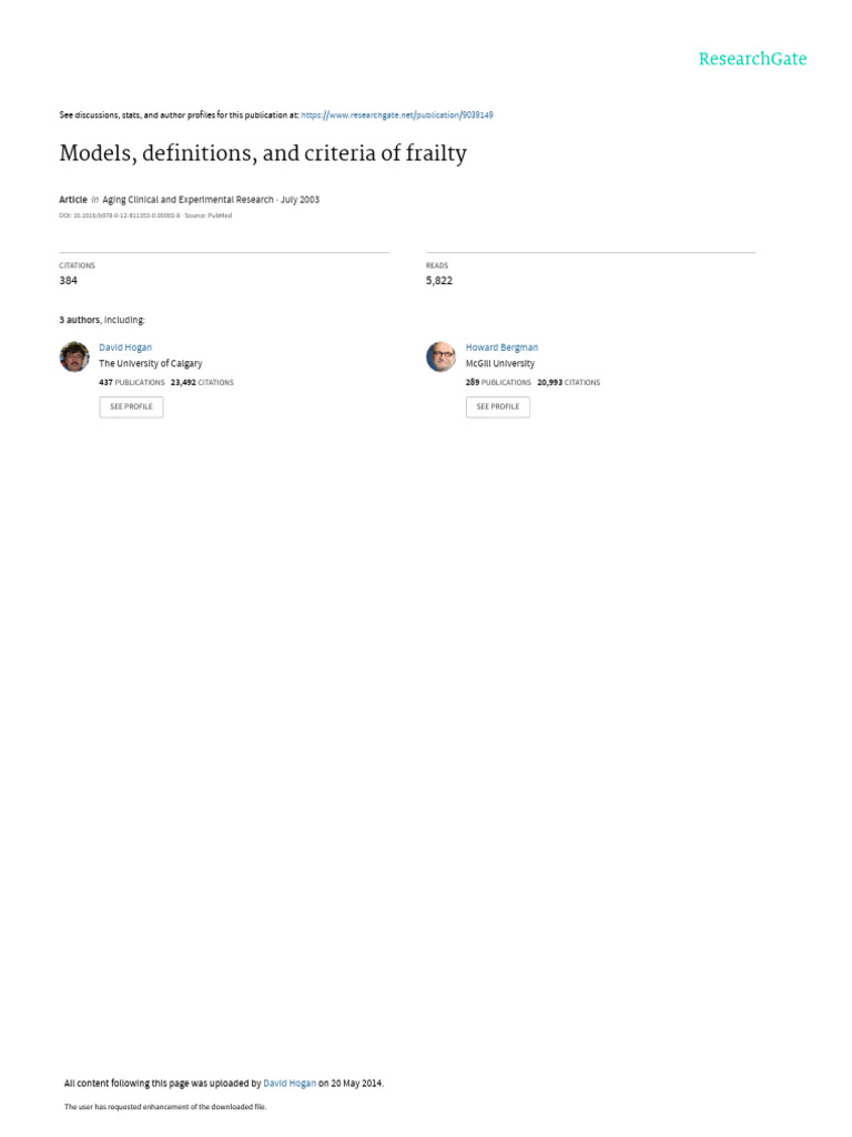 Models Definitions and Criteria of Frailty | PDF | Ageing | Geriatrics