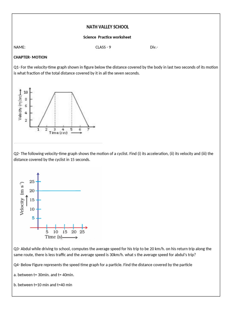 Grade 9 Motion Worksheet | PDF