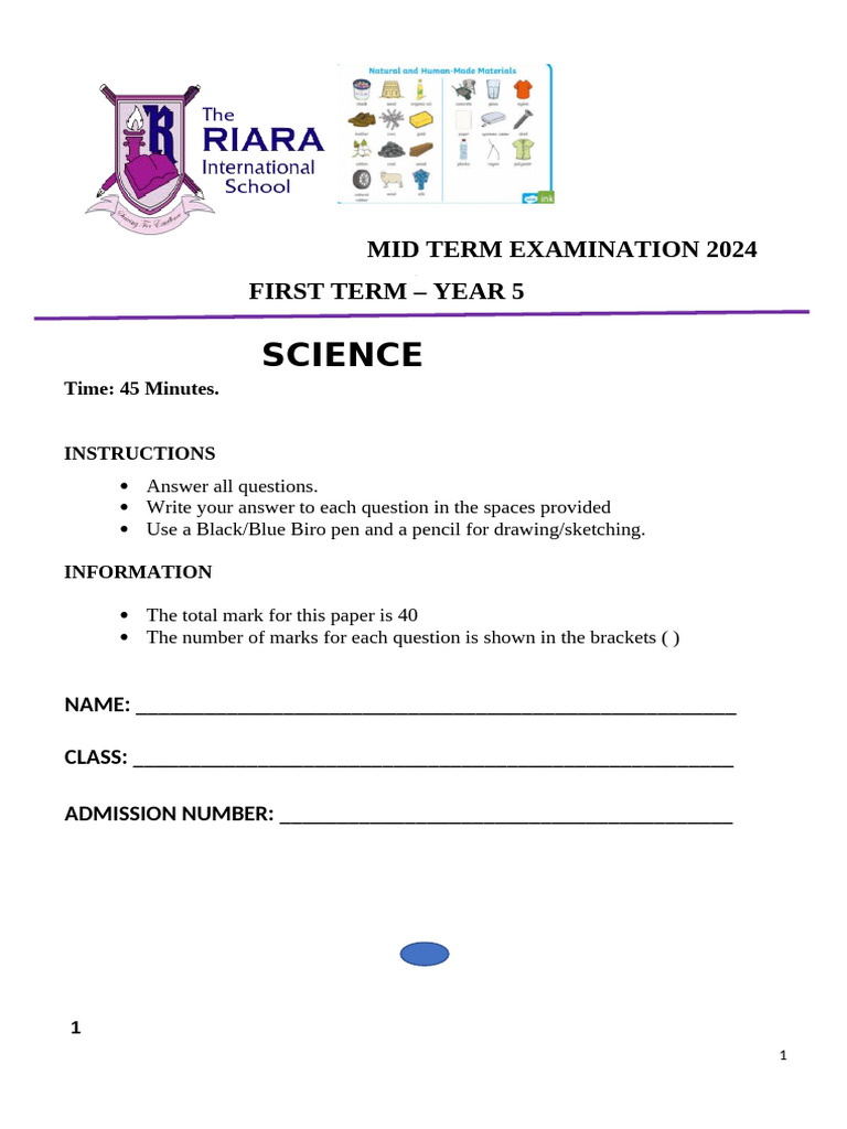 Year 5 Science Mid Term Exam 2024 | PDF | Flowers | Gases