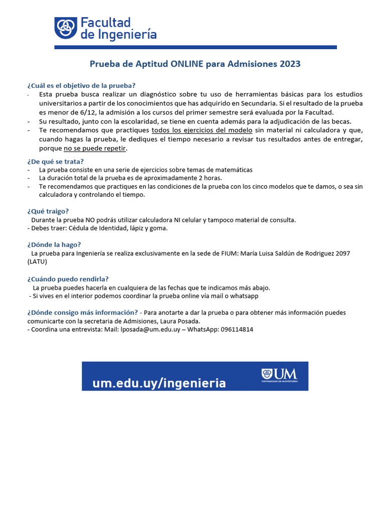 Información para Prueba de Ingeniería UM - PAA FIUM 2023 | PDF ...