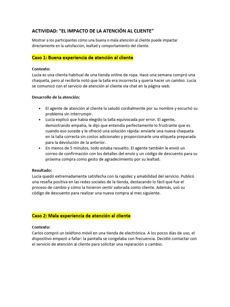 ACTIVIDAD EL IMPACTO DE LA ATENCIÓN AL CLIENTE.. | PDF | Servicio al Cliente | Las compras en línea