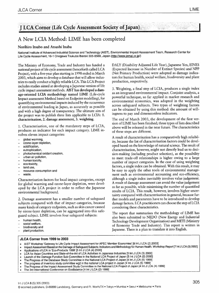 A New LCIA Method LIME Has Been Completed | PDF | Life Cycle Assessment ...