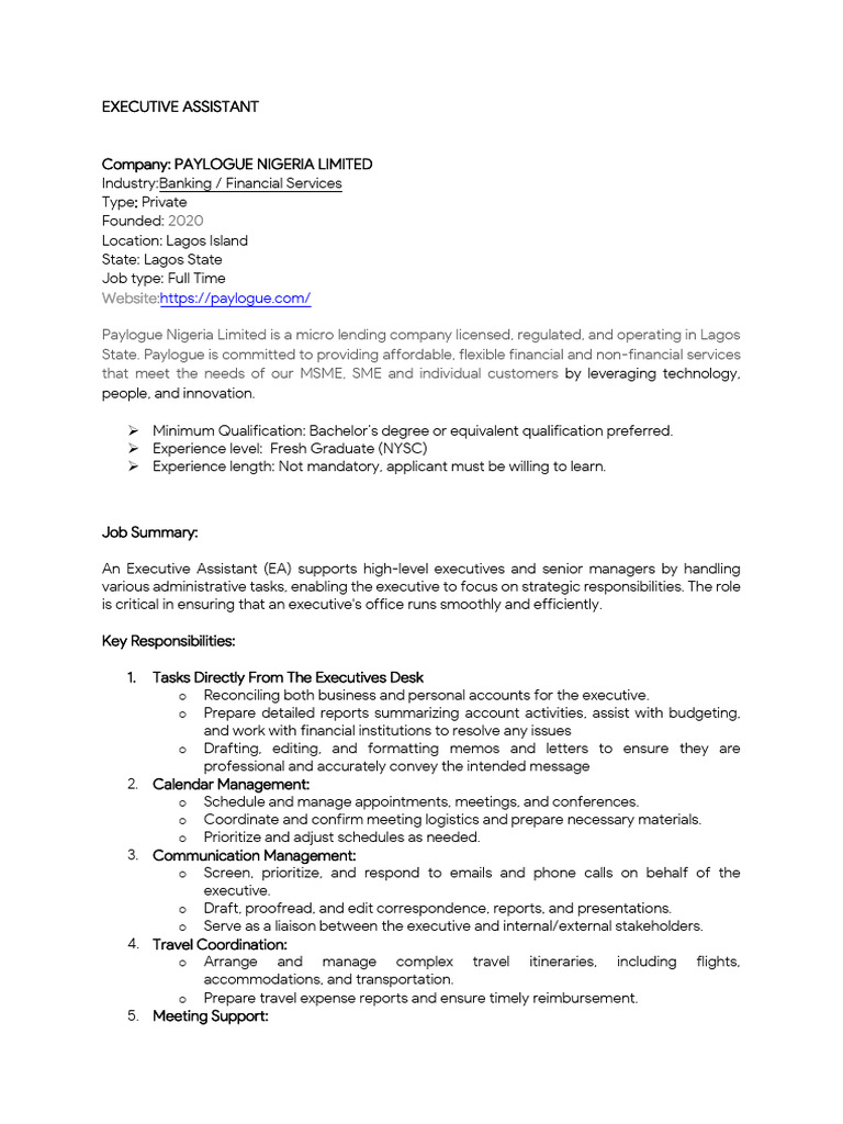 Executive Assistant Job Description | PDF | Microsoft Outlook | Business