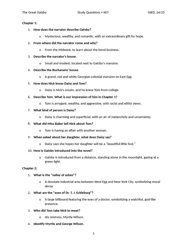 The Great Gatsby Study Guide & Key | PDF | The Great Gatsby