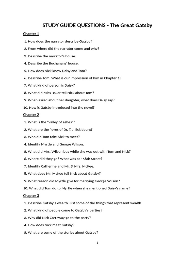STUDY GUIDE QUESTIONS (The Great Gatsby) | PDF | The Great Gatsby