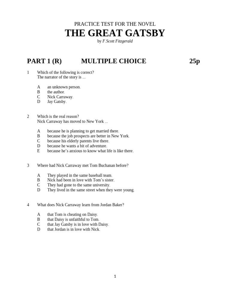 Great Gatsby Practice Test | PDF | The Great Gatsby