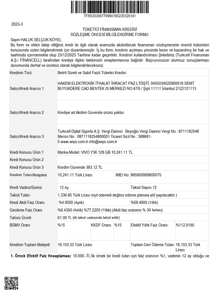 Örnek Efektif Faiz Hesaplaması:: Kredinin Tutar Ay (E (Ayl (Y (Ayl (Y Fazlas TL (Ilk Taksit ...