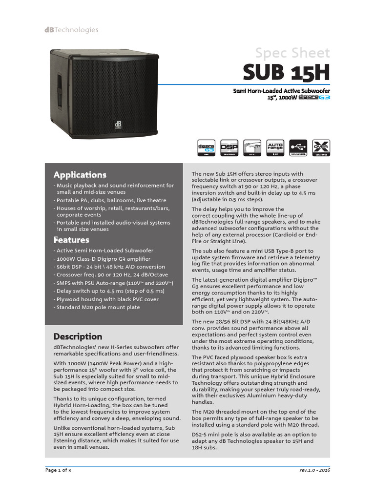 SUB 15H Datasheet 08 2016 | PDF | Loudspeaker | Electronics