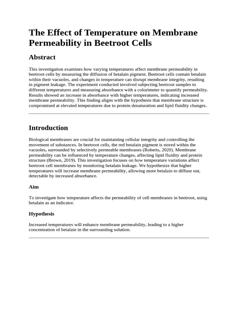 The Effect of Temperature On Membrane Permeability in Beetroot Cells | PDF | Cell Membrane ...