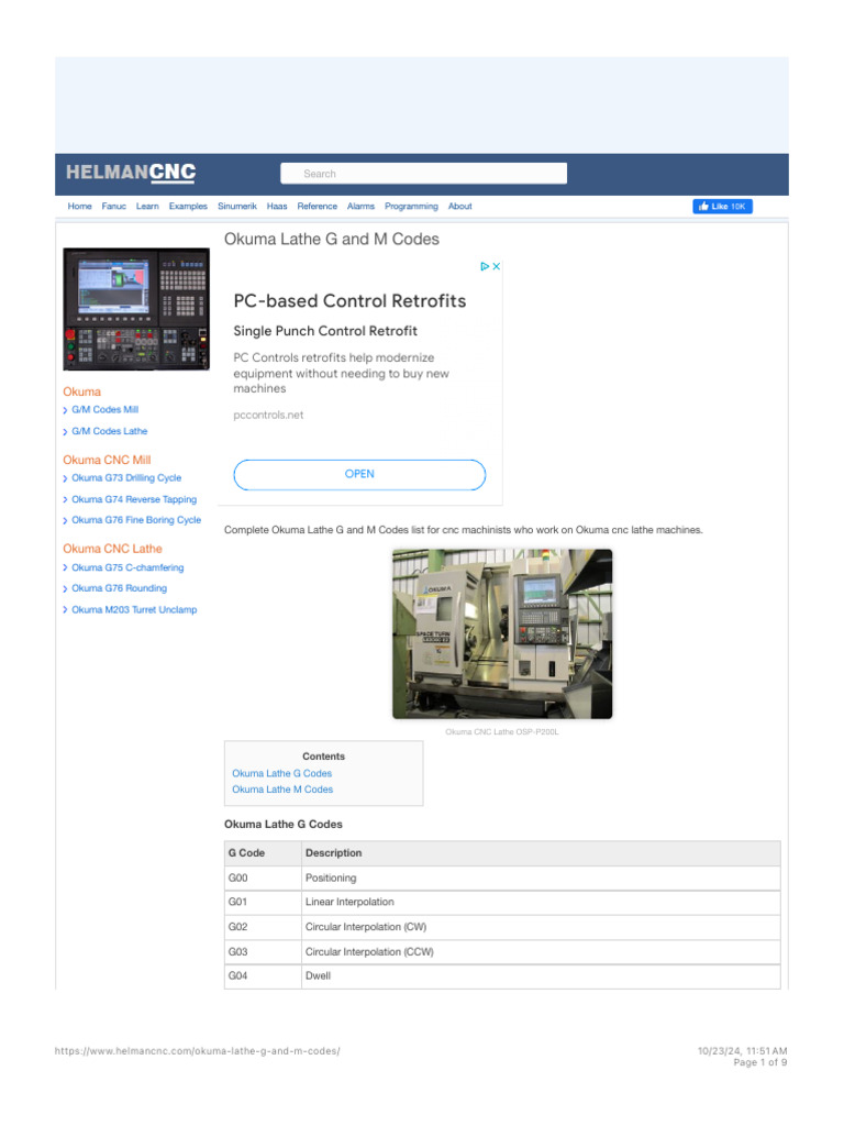 Okuma Lathe G and M Codes - Helman CNC | PDF | Numerical Control ...