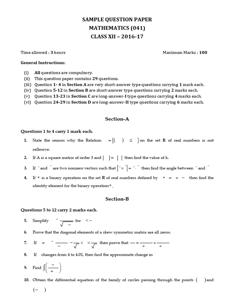 Class XII Mathematics Sample Paper 2016-17 | PDF | Algebra ...