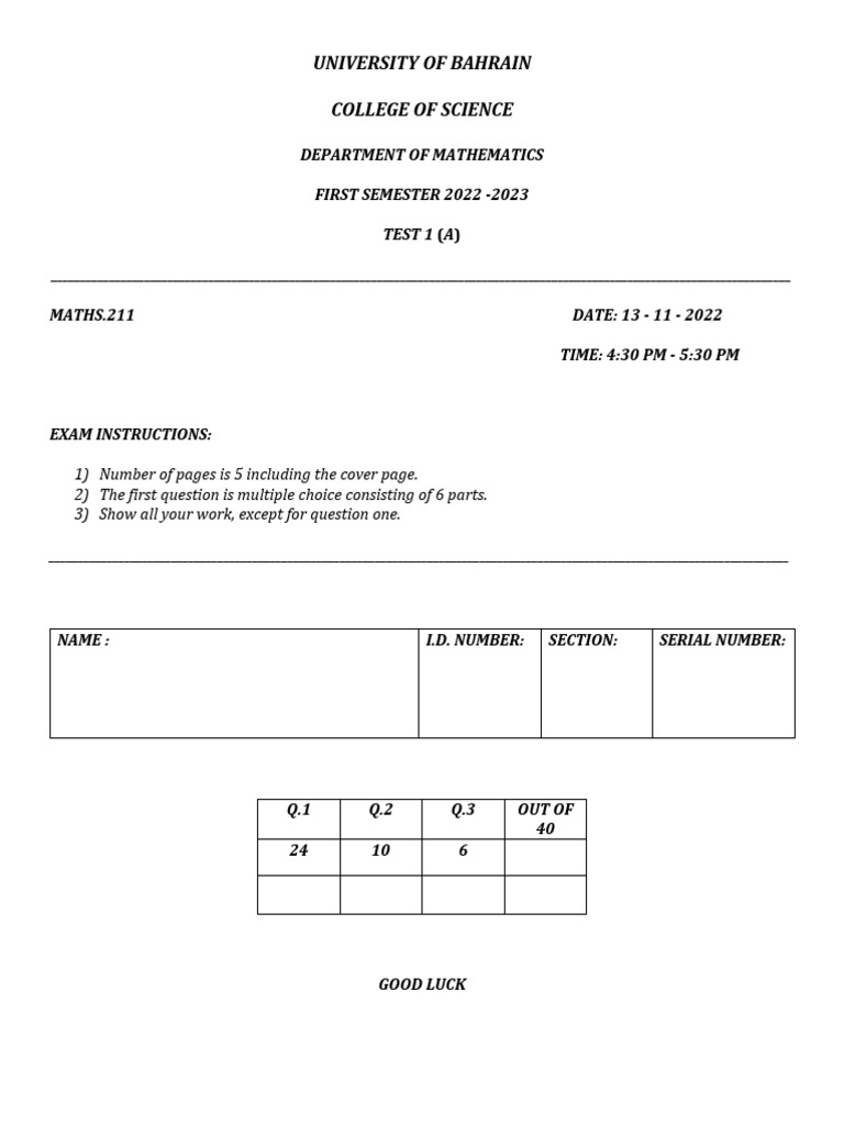 Test 1-121 (A) - Key | PDF | Matrix (Mathematics) | Functions And Mappings