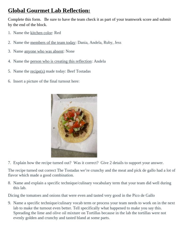 Lab Reflection Beef Tostato | PDF