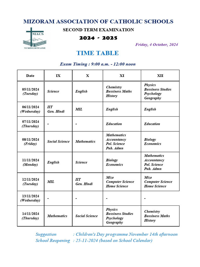 Second Term Time Table 2024 | PDF | Science
