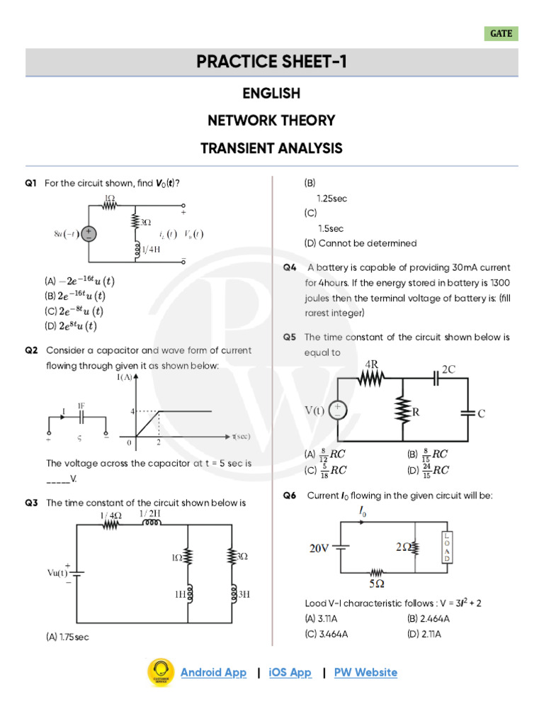 Transient Analysis - Practice Sheet 01 | PDF | Electrical Network | Capacitor