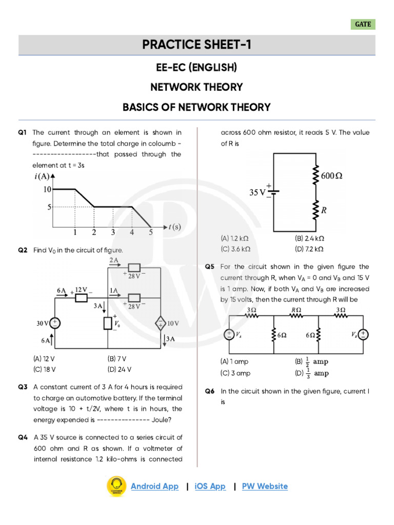 Basics of Network Theory - Practice Sheet 01 | PDF | Electrical Network ...