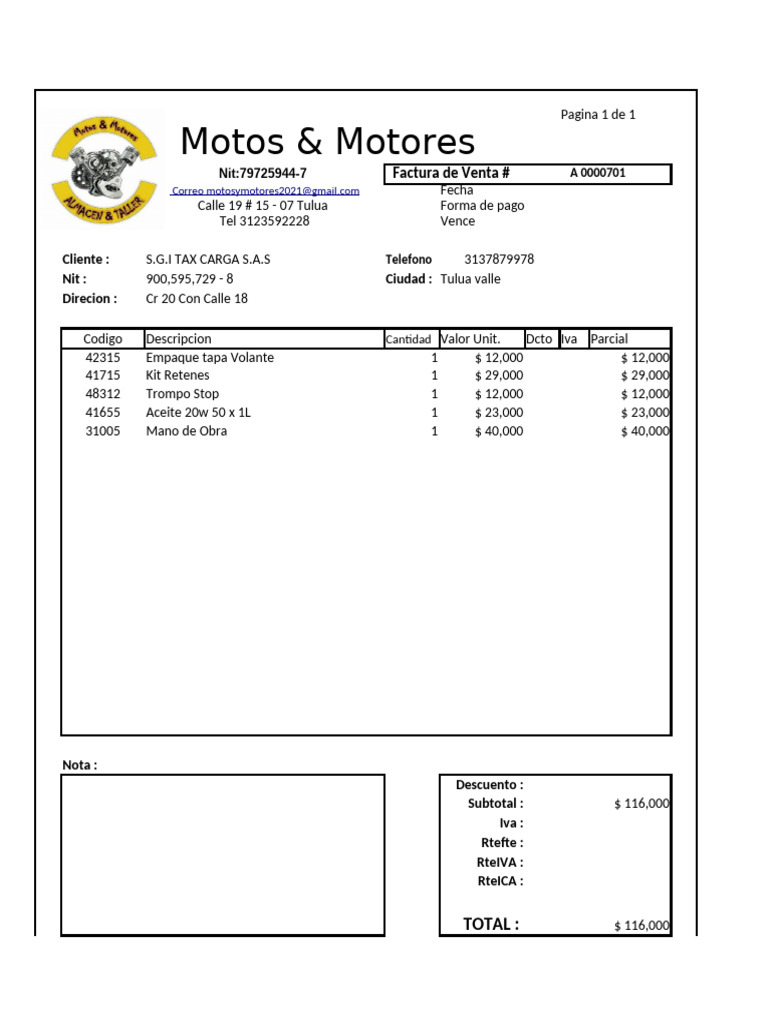 Formato Factura Motos y Motores | PDF