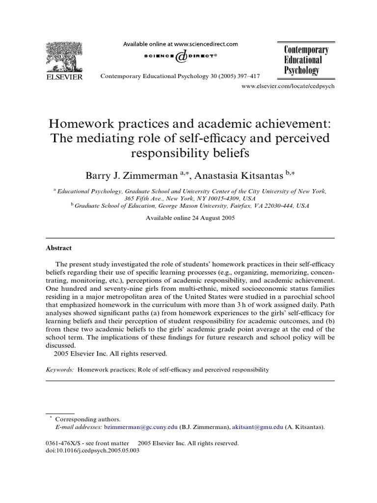Homework's Impact on Self-Efficacy | PDF | Psychology | Cognition