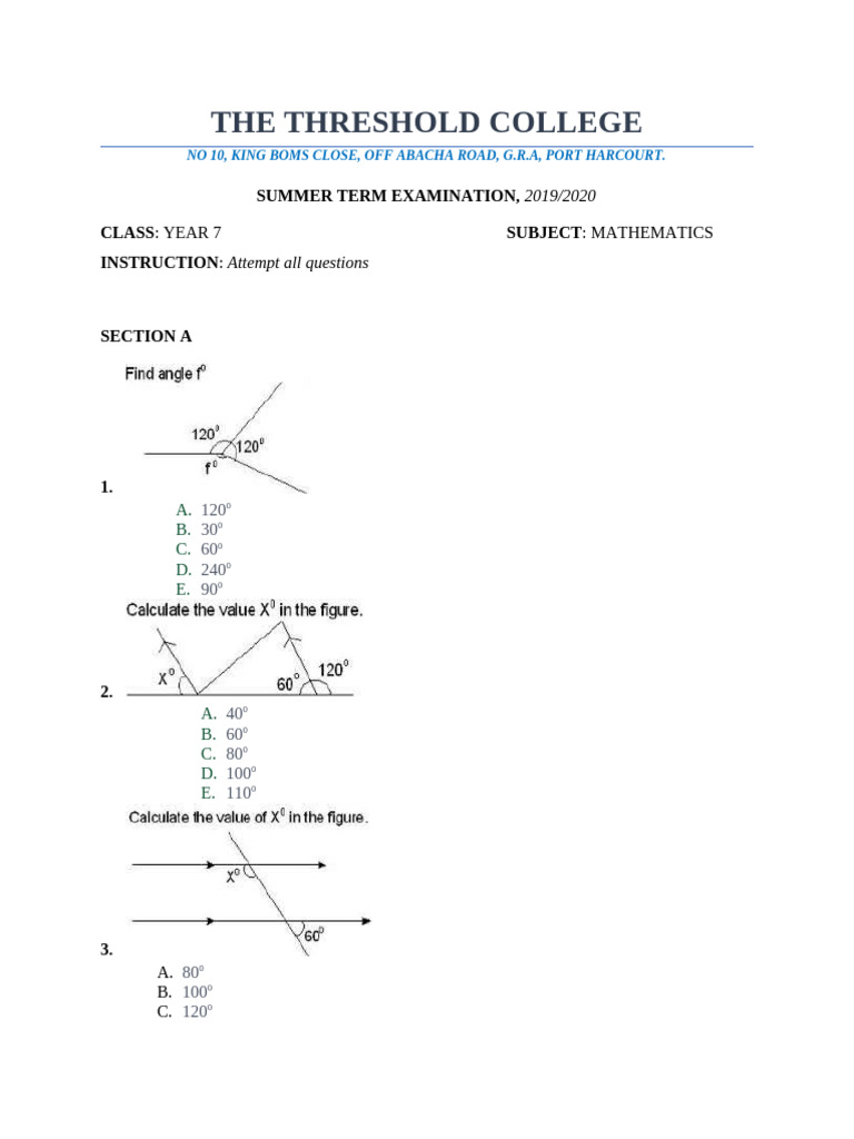 Mathematics Jss 1 Objective | PDF | Area | Triangle