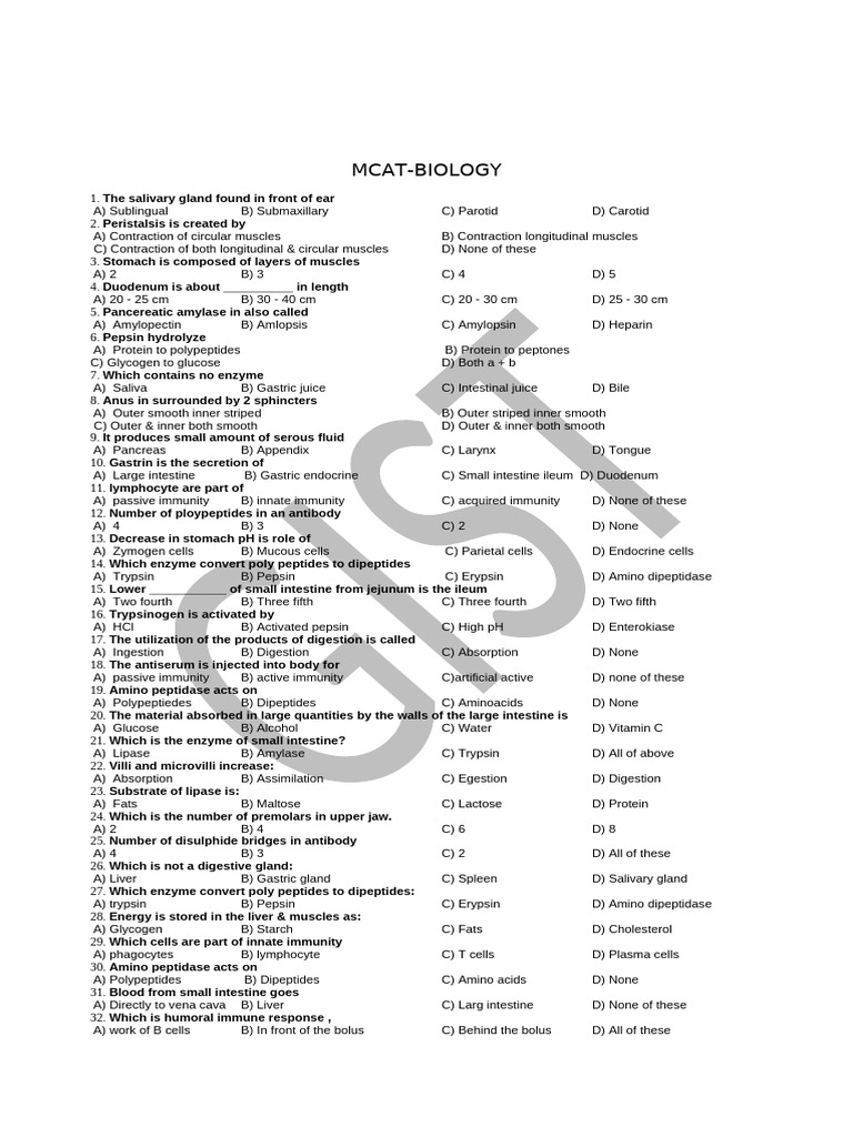 MCAT Biology Test 8 New Immunity Digestion | PDF | Digestion | Stomach MCAT Biology Test 8 New Immunity Digestion | PDF | Digestion | Stomach