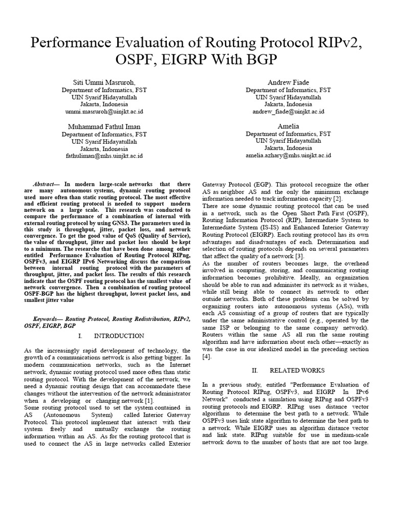 Performance Evaluation Of Routing Protocol Ripv2 Ospf Eigrp With Bgp Pdf Routing Computer