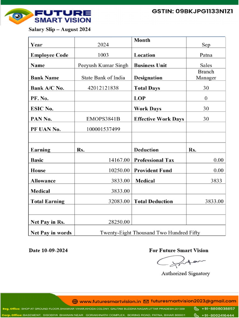 FSV Salary Slip - Sep 2024 | PDF