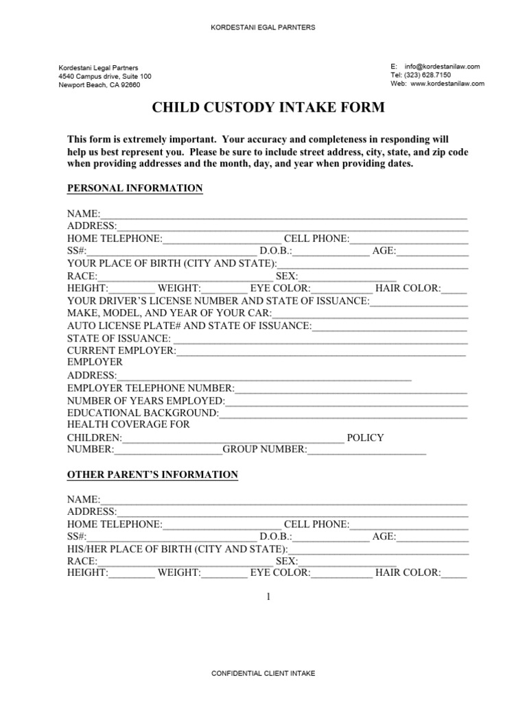 Child Custody Intake Form | PDF | Child Custody | Parent