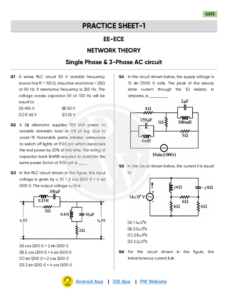 Single Phase & Three Phase AC Circuit - Practice Sheet 01 | PDF | Inductor | Resonance